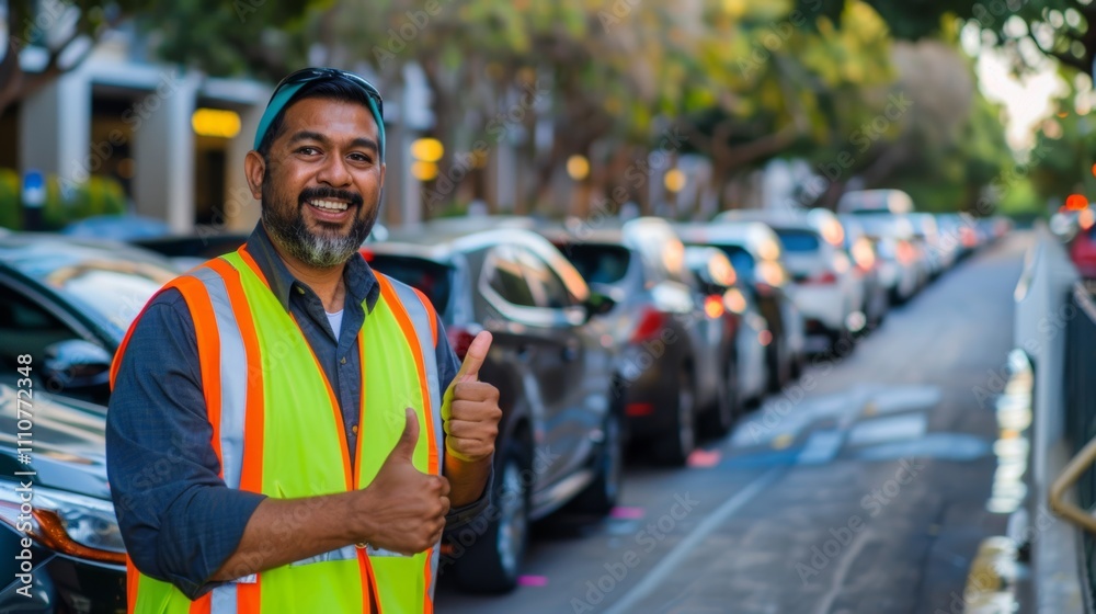 photograph of hotel valet man in safety vest gives thumbs up in front ...