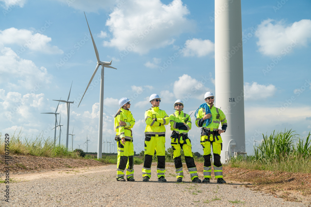 Engineers windmill team wearing uniform and helmet walking survey work ...