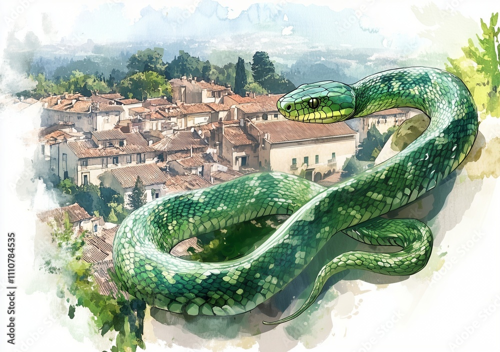 A stunning watercolor artwork of a massive green snake gracefully ...