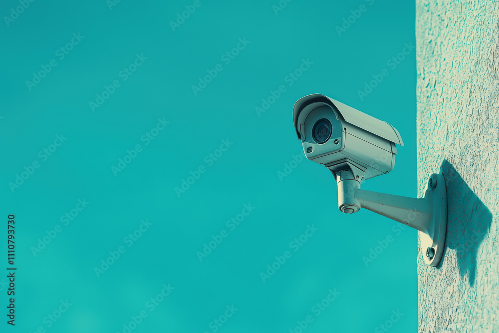 Surveillance camera mounted on wall against clear sky, providing ...