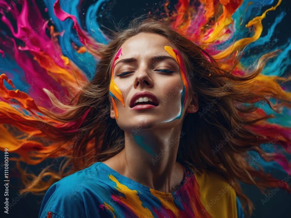 A surreal portrait of a woman expressing a range of vibrant, colorful ...