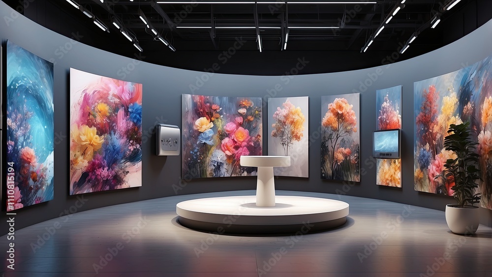 Artistic studio with AI-generated art displays on rotating digital ...