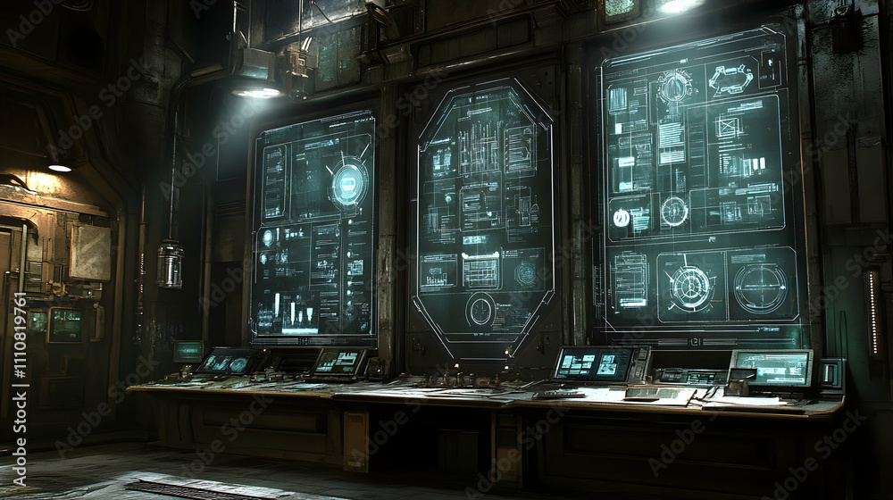 Futuristic control room with multiple screens displaying data and schematics. Stock Illustration ...