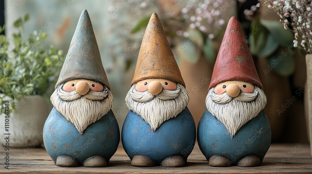 Three charming garden gnomes with unique hats and friendly expressions ...