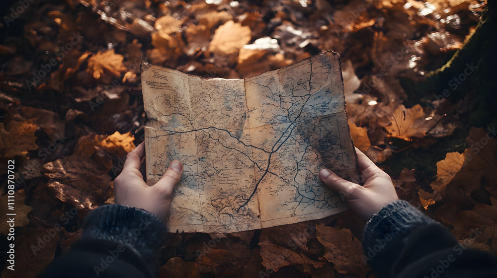 Heart of the Forest: Hands Unfolding a Weathered Map with Detailed ...