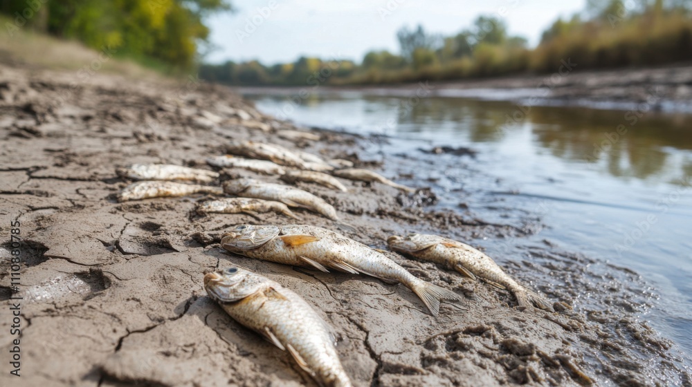 Dead fish laying on dry riverbed in a drought-stricken area ...