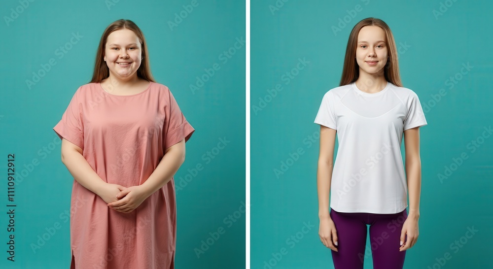 Transformation journey concept with diverse women showcasing before and ...