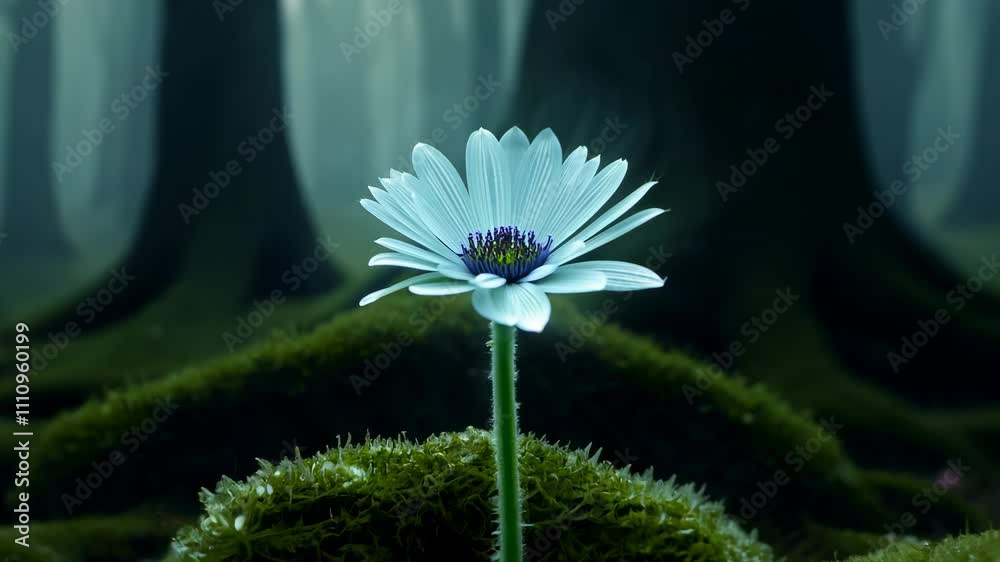 A bright blue magical flower grows in a dark mossy forest. Explore the ...