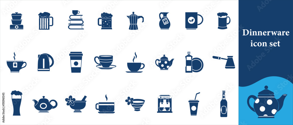 Dinnerware icon set, dining, bold, metallic, cafe, dinnerware, light ...