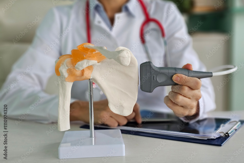 Healthcare worker examining shoulder anatomy model using ultrasound ...