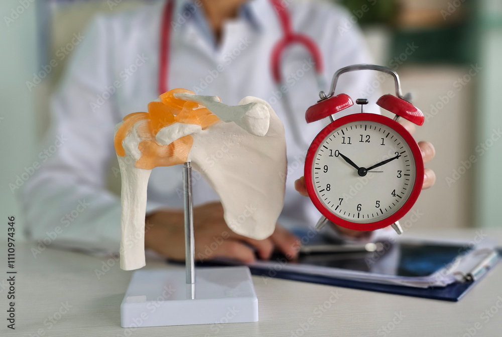 Doctor demonstrates shoulder anatomy alongside a clock in a medical ...