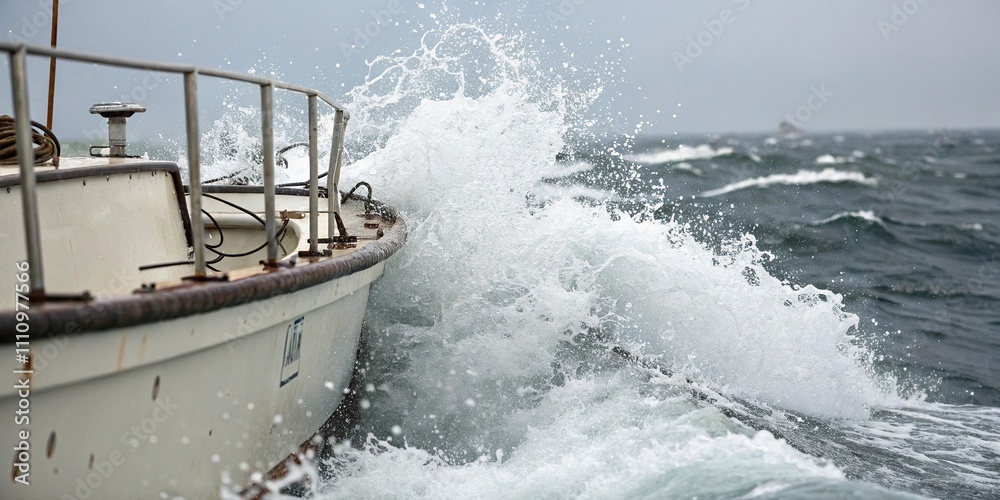 Water splashing over the side of a boat in rough seas, foamy surf, high ...