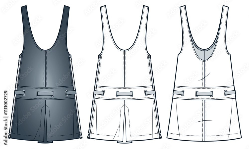 Pleats Mini Dress technical fashion Illustration. Dungaree Dress ...