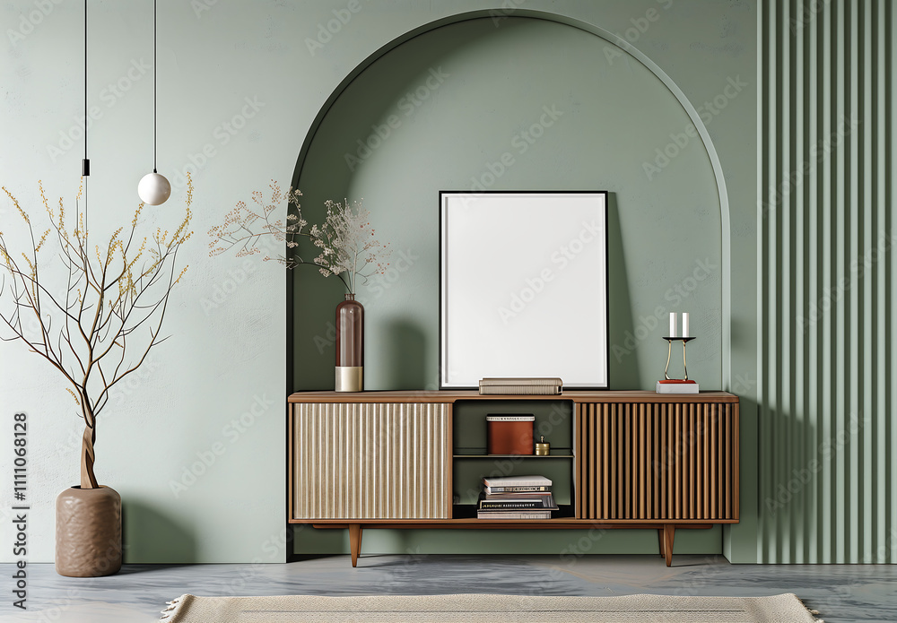 Modern sideboard in a green-walled room featuring an arched niche ...