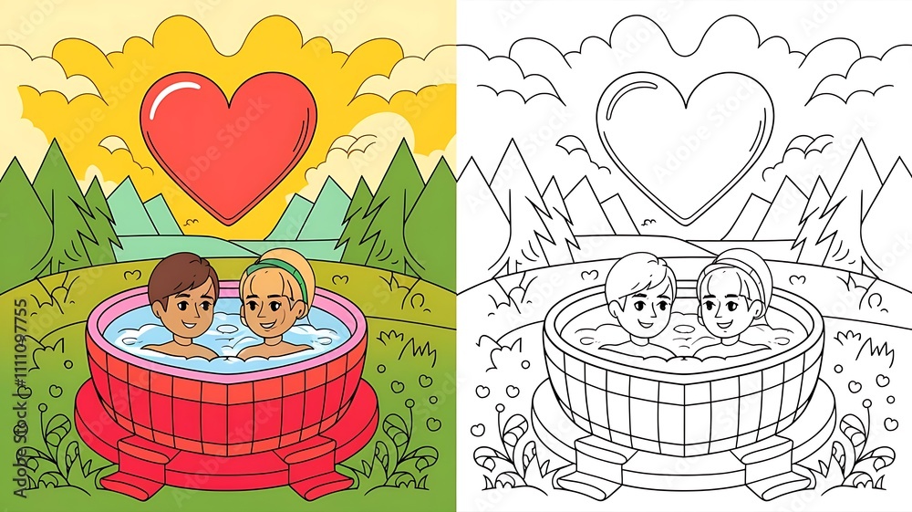 A coloring page of a heart-shaped hot tub with a couple inside, large ...