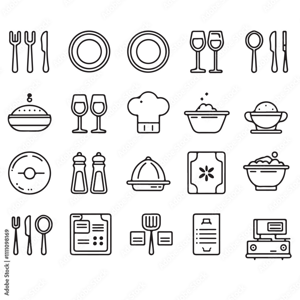 30 Minimalist Outline Icons of Essential Restaurant Items with Editable ...