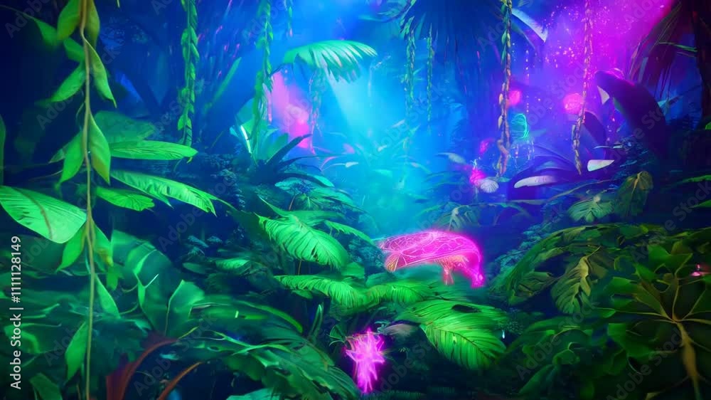 A lush, glowing jungle comes to life as the beat drops. Plants pulse ...