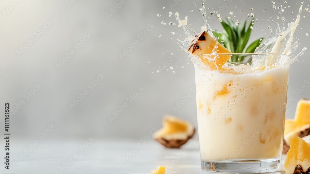 A captivating splash image of pineapple juice pouring energetically ...