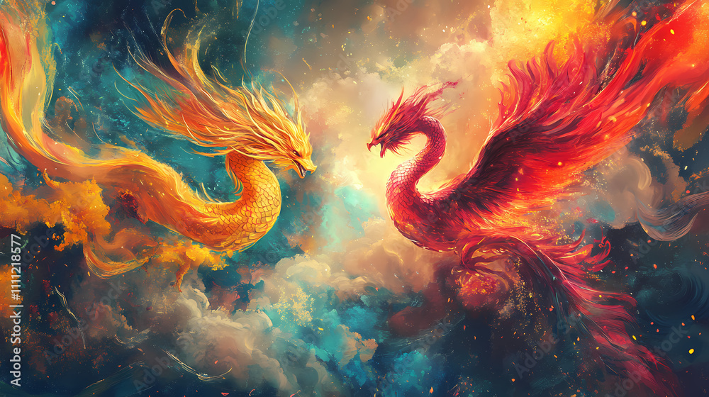 Dragon and phoenix: a dragon and phoenix together on a vibrant backdrop ...