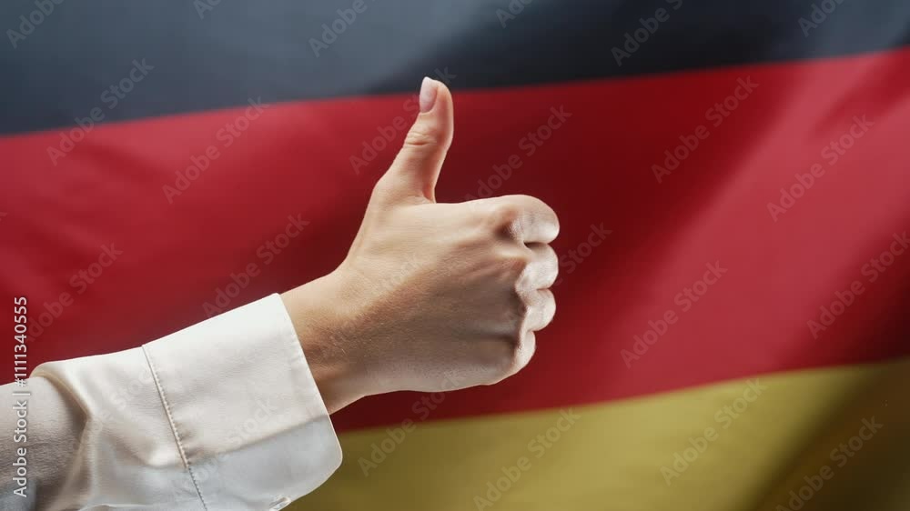 Woman Makes Hand Sign Like, Thumb Up Gesture on germany flag background ...
