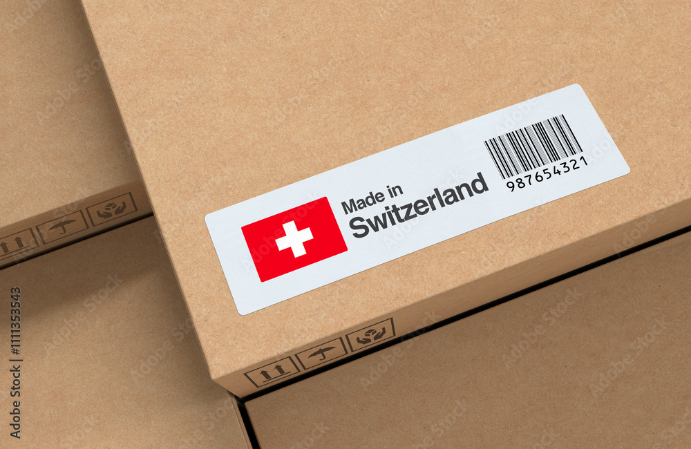 Cardboard Boxes with Swiss Flag, Made in Switzerland Label, and Barcode ...