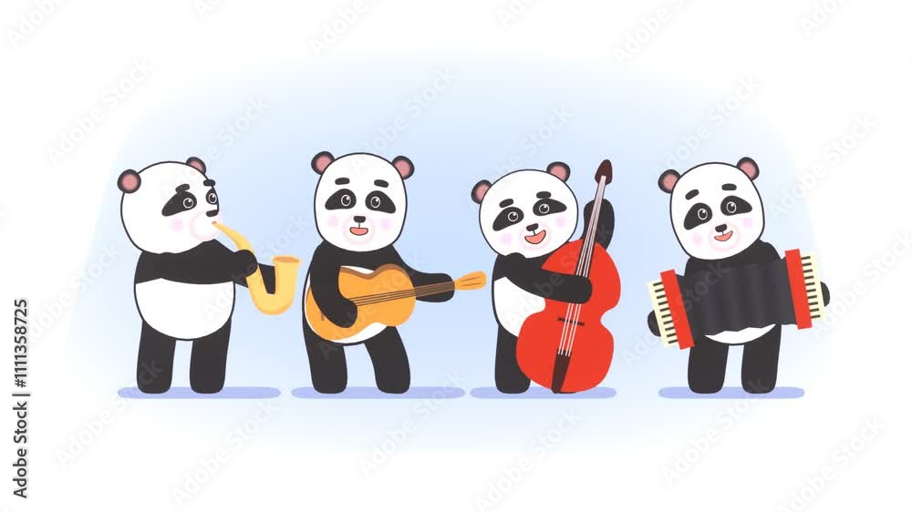 2d animation of cute panda bears playing on various musical instruments ...