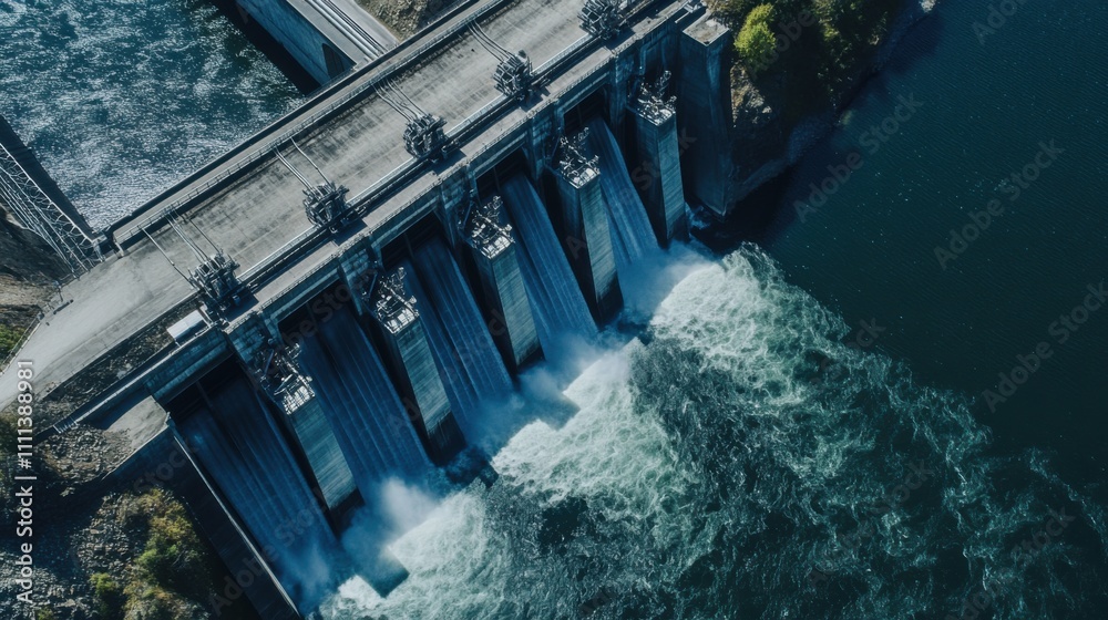 An aerial view of a hydroelectric dam with water turbines generating ...