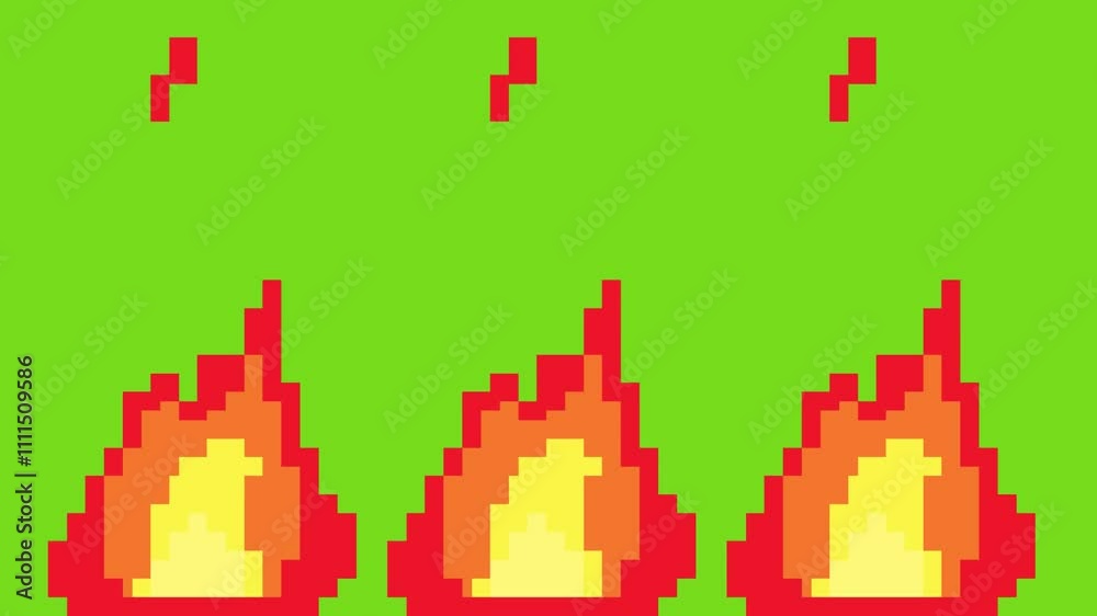 illustration of 2d retro pixel fire with isolated green screen ...