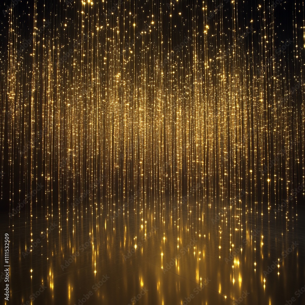 Shimmering golden rain falling on dark reflective surface. Stock Photo ...