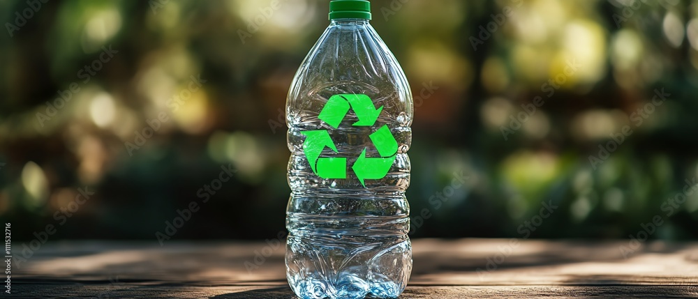 A clear plastic bottle with a large green recycling symbol ...