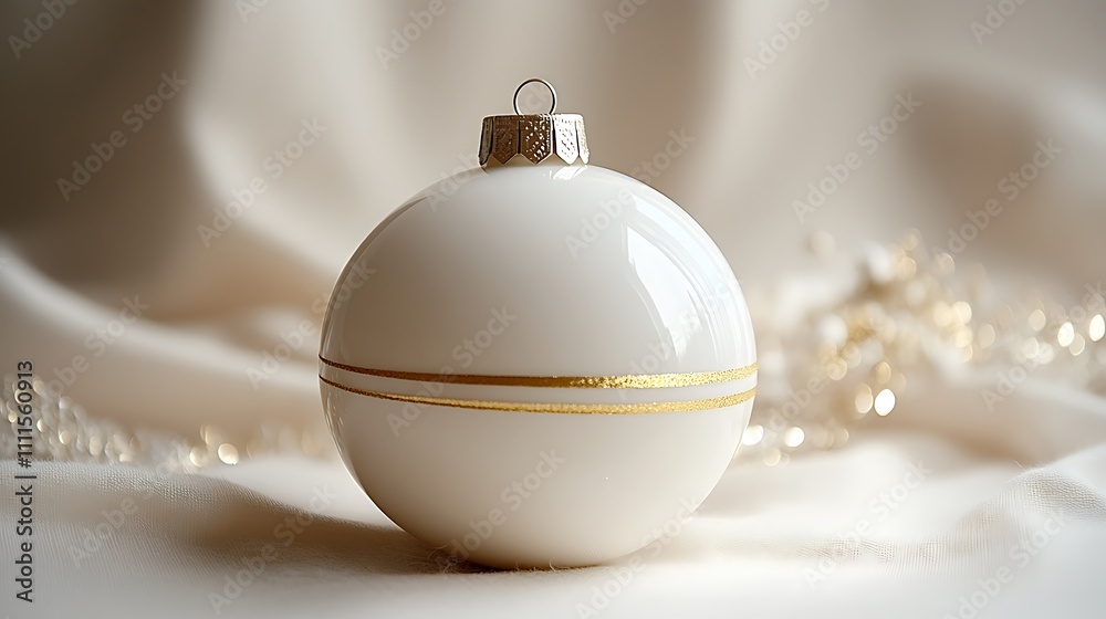 A minimalist white bauble with one golden stripe wrapping around its ...