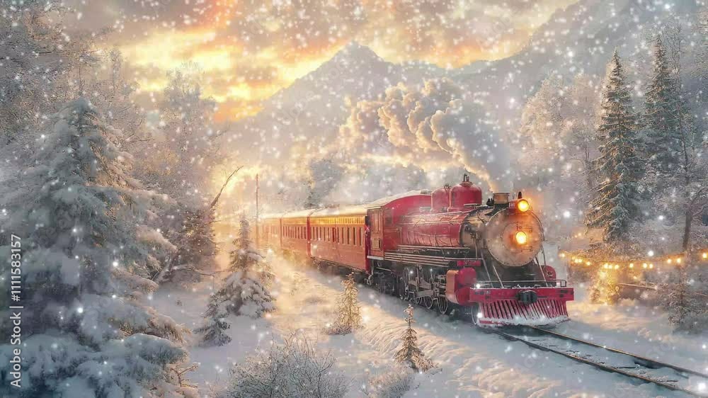 Steam billows from the locomotive as it moves through a snowy forest at ...