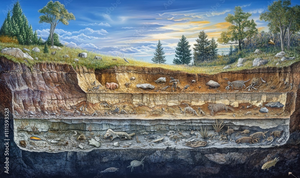 Layered earth reveals ancient fossils, plants, and animals. Stock ...