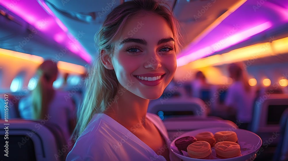 Flight attendants smiling and serving refreshments in the economy class ...