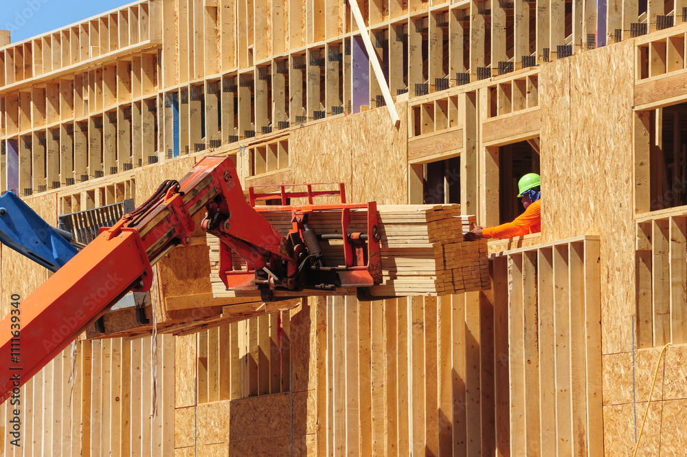 A construction worker inside a wooden apartment building under ...
