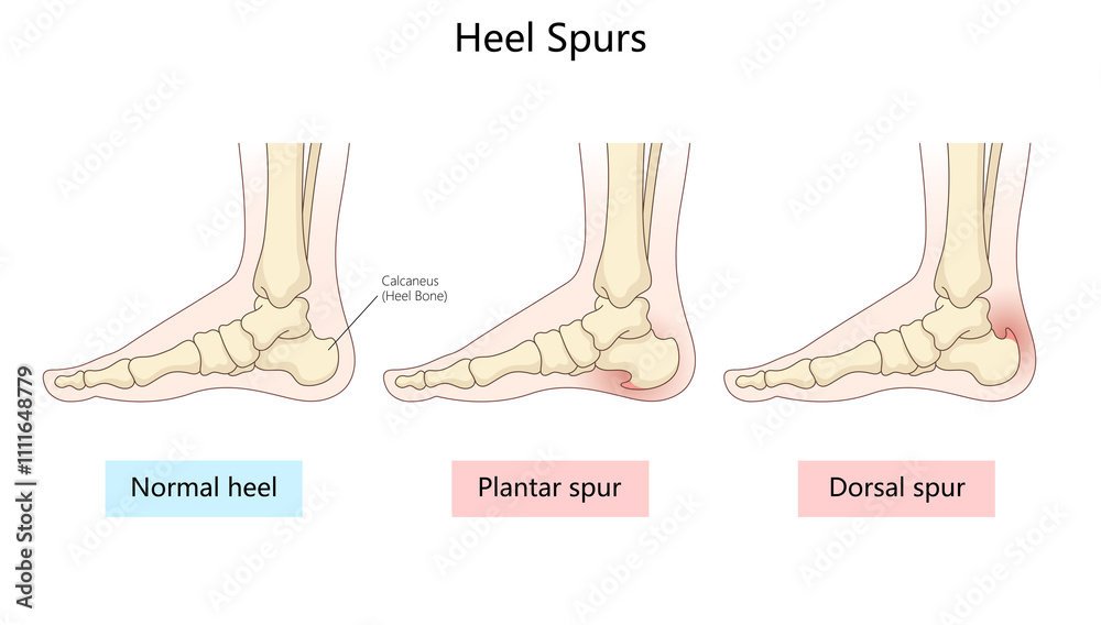 normal heel, plantar spur, and dorsal spur, showing calcaneus structure ...