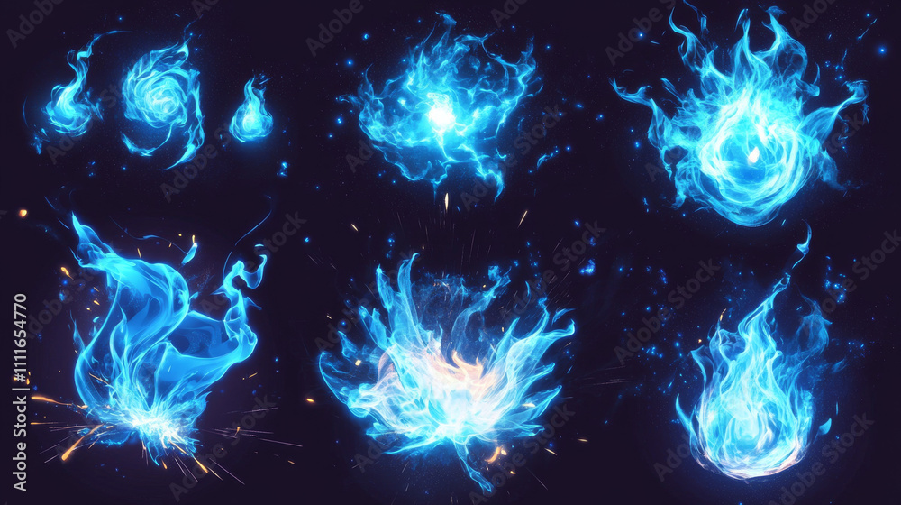 Blue fire explosion ui animation sprite vector set. Cartoon magic hit ...
