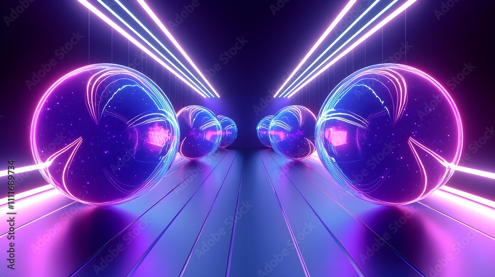 Complex 3D shapes with neon highlights, spheres, and polygons connected ...