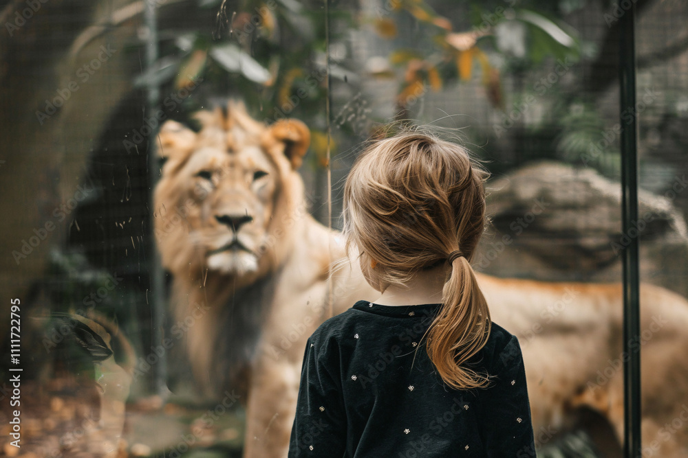 Fotografía Back view of young girl child watching lion in zoo behind ...