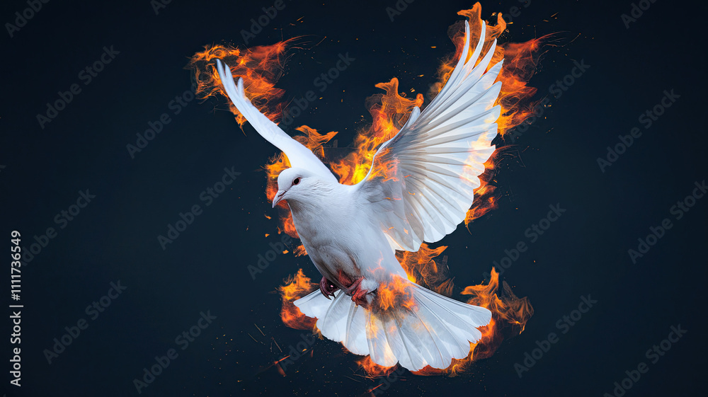 Dramatic Flying White Dove on Fire Against Dark Background, Symbolizing ...