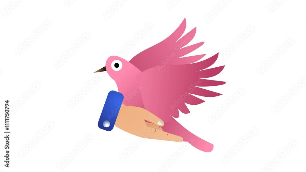 A pink bird taking flight from a human hand in a cartoon animation ...