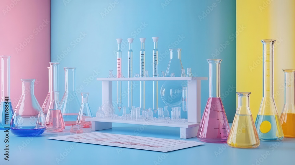 A colorful laboratory setup featuring various glassware against a ...