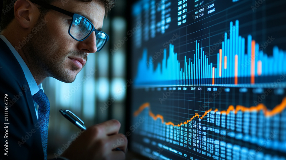 Financial analyst reviewing financial projections in corporate ...