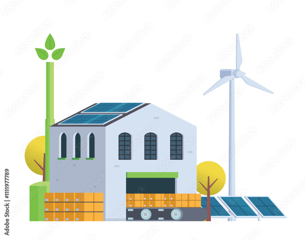 Green sustainable factory building vector illustration, flat style ...