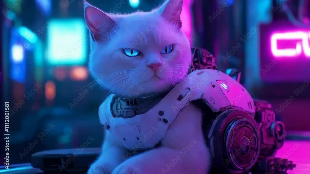 Robot cat with realistic body on blurred background. Cute robotic pet ...