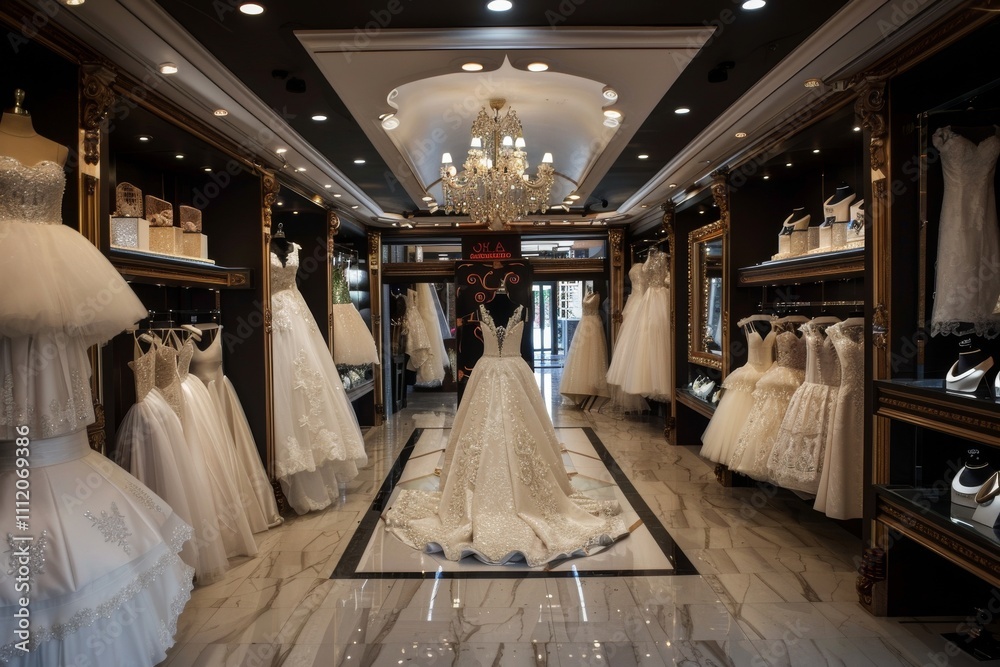 This image displays the luxurious interior of a bridal gown shop ...