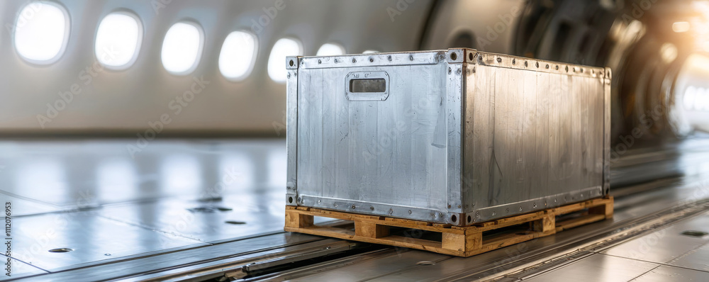 Metallic crate with industrial markings sliding into cargo plane ...