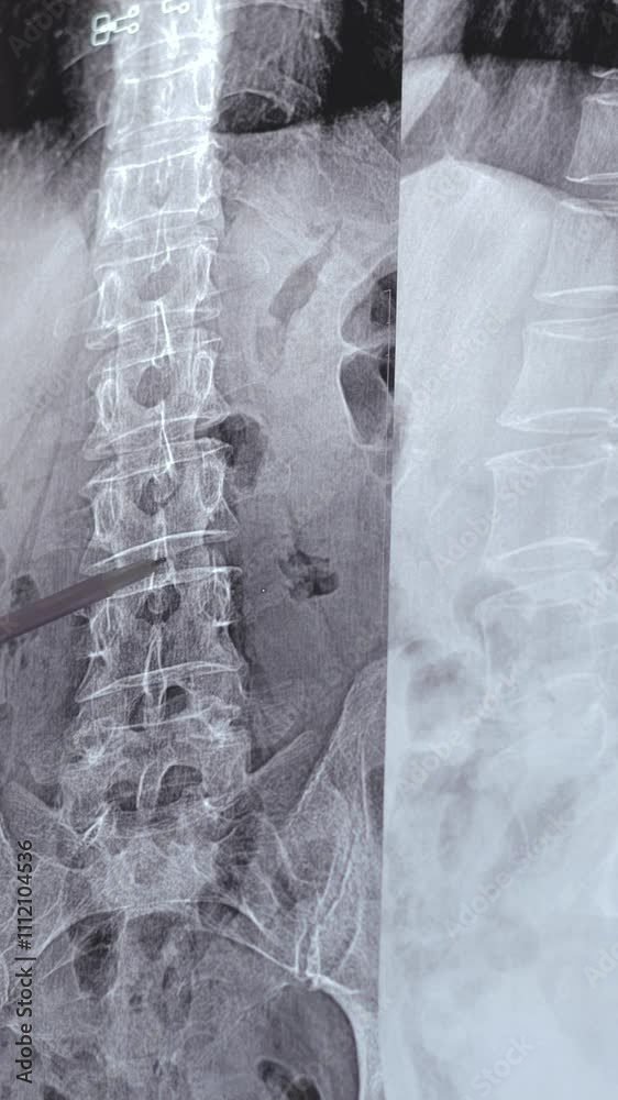 Close up, Doctor learn Lumbar spine X-Ray with scoliosis. Digital ...