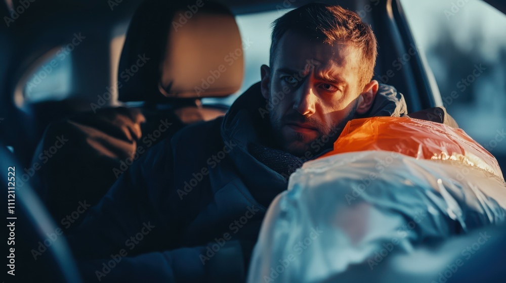 Injured man near opened airbag in automobile after car accident Stock ...