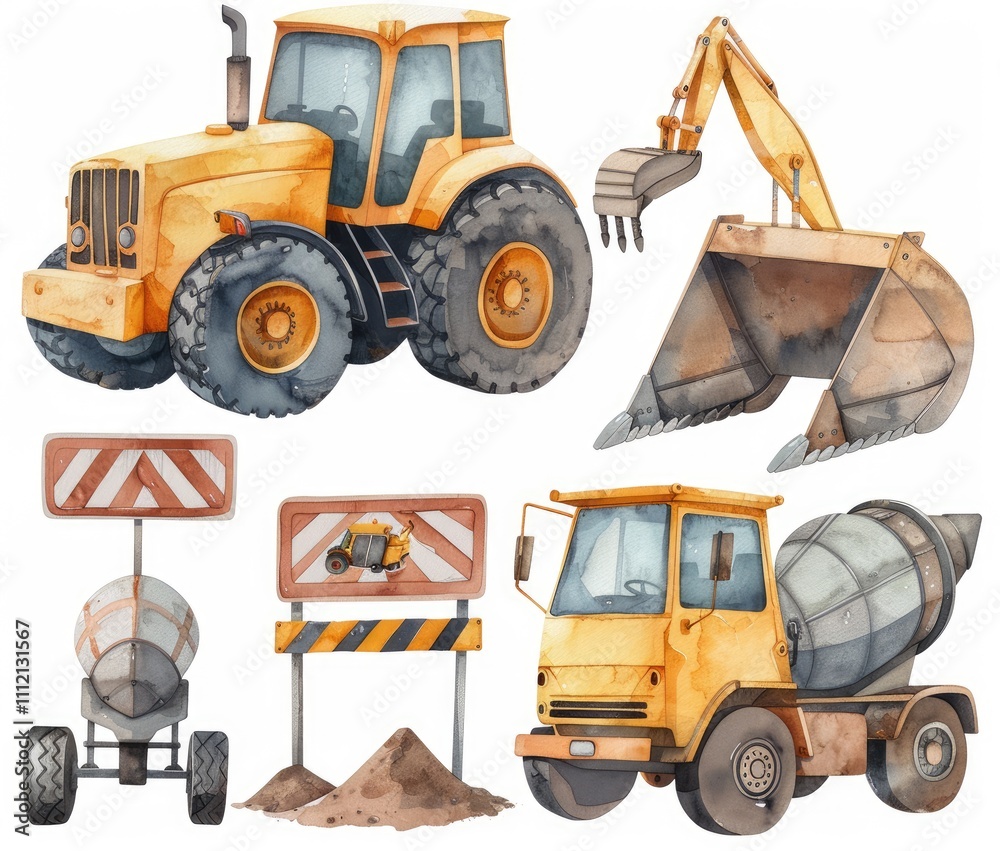 watercolor construction vehicles clipart set, tractor, bulldozer and ...